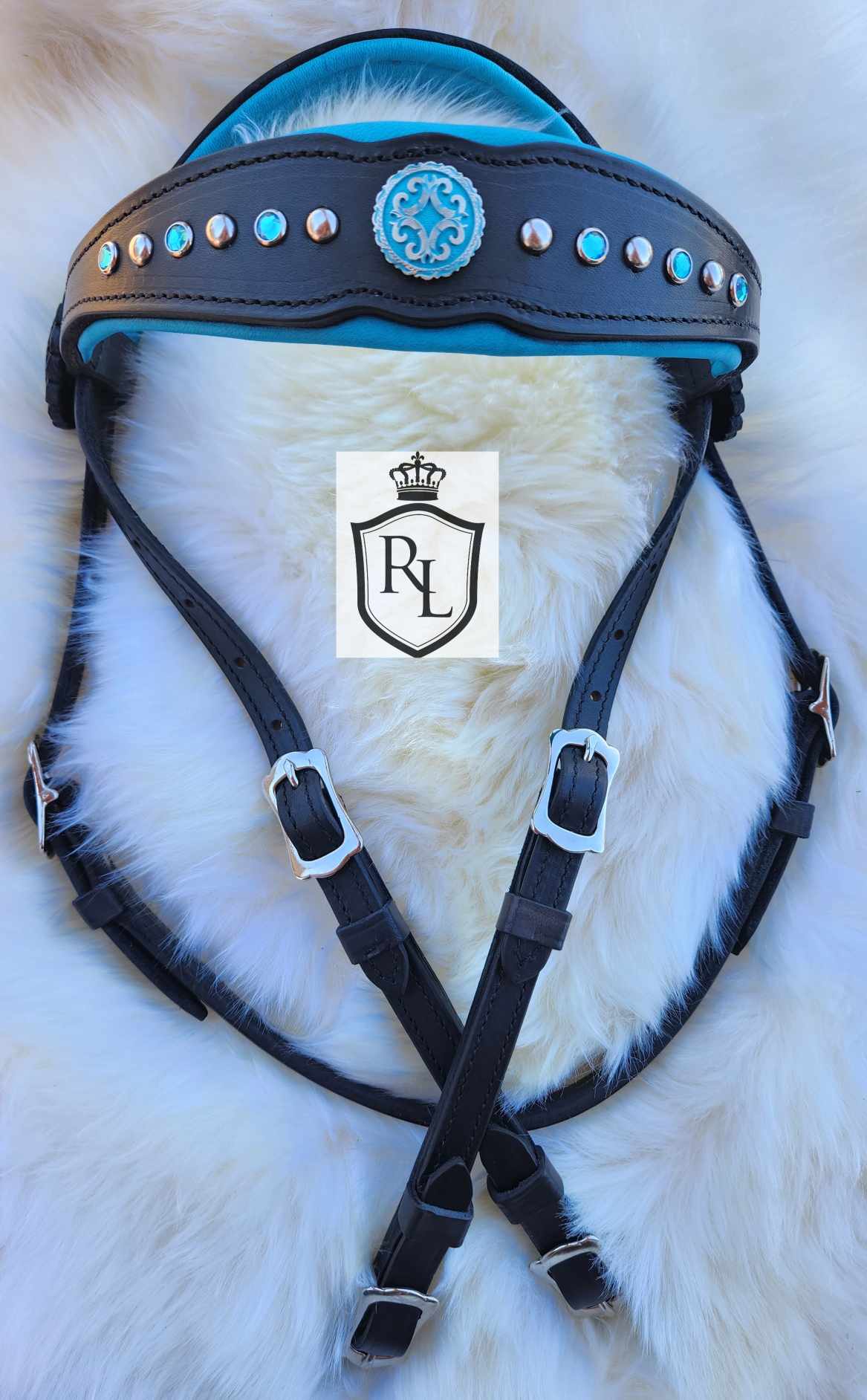 Western padded bridle with turquoise conchos – Royal Legacy Custom Leather